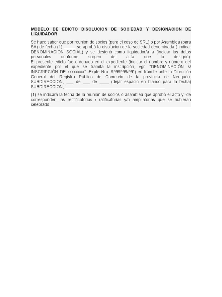 Modelo de Edicto Disolucion de Sociedad y Designacion de Liquidador | PDF
