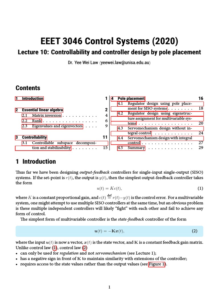 EEET 3046 Control Systems (2020) : Lecture 10: Controllability and ...
