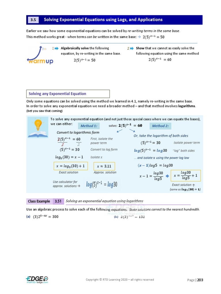 3.5 - Solving Exponential Equations Using Logs, Applications Math 30-1 ...