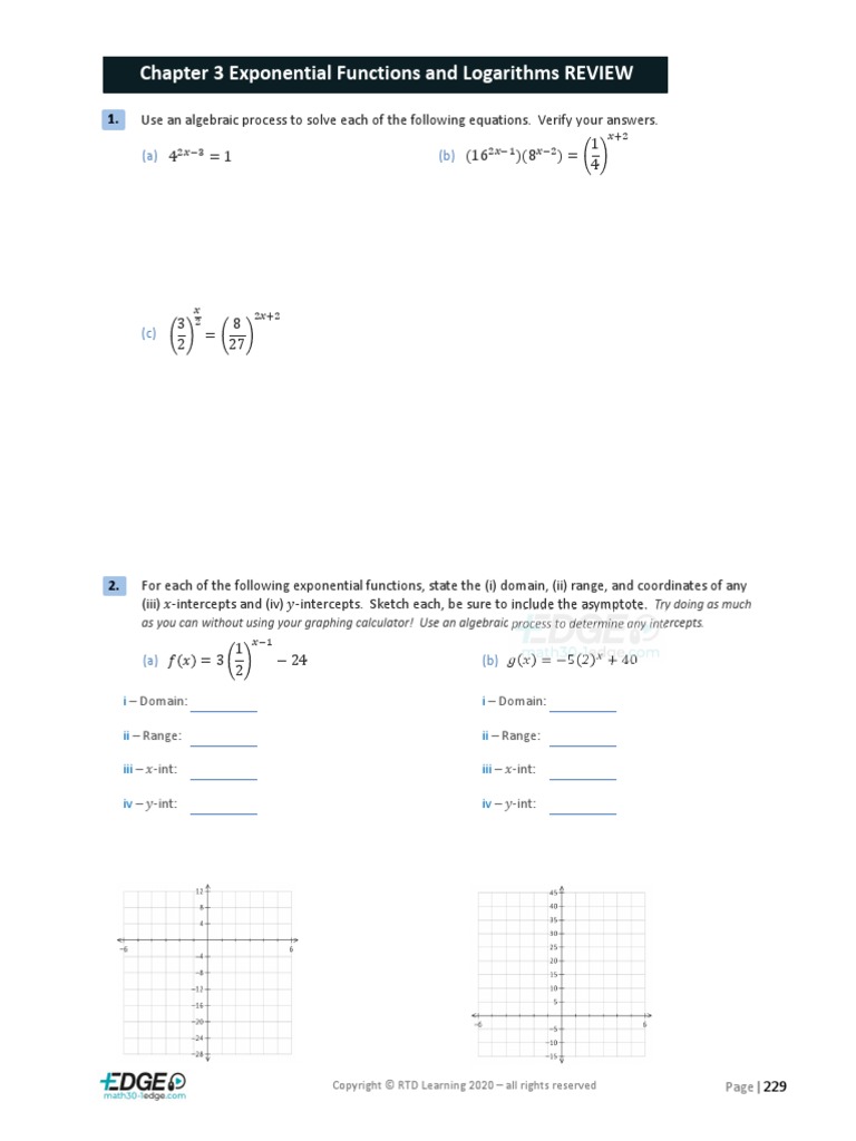Chapter 3 Review Questions - Exponential Logarithm Functions Math 30-1 ...