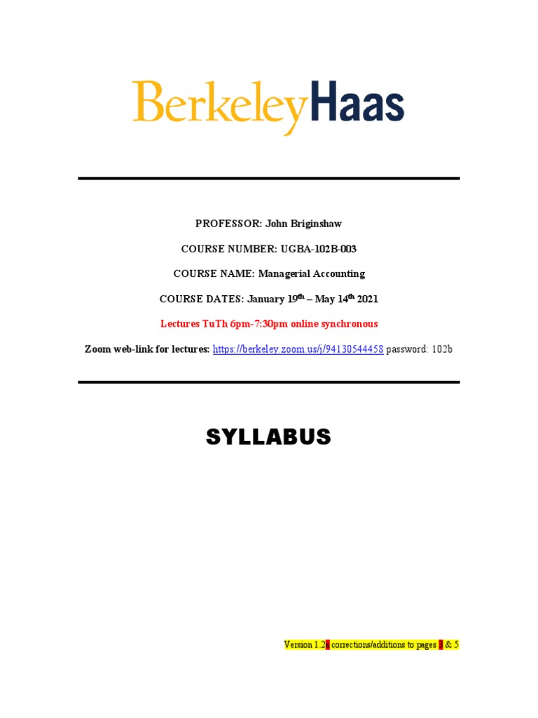 Managerial Accounting Syllabus | PDF | Academic Dishonesty | Management ...