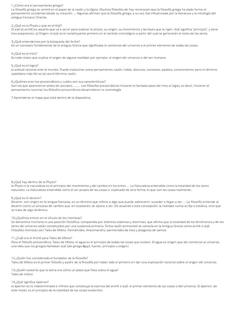 1.¿Cómo era el pensamiento griego 2.¿Qué es la Physis y que es el Arjé ...