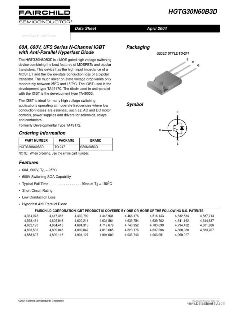 HGTG30N60B3D: 60A, 600V, UFS Series N-Channel IGBT With Anti-Parallel ...