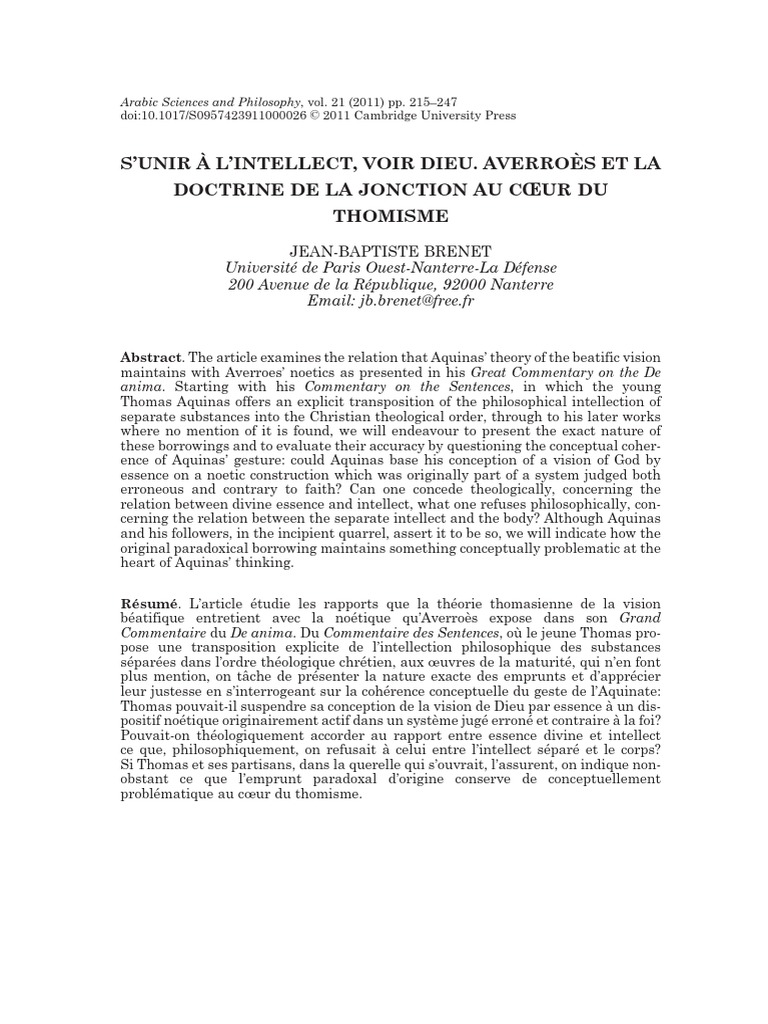 S'unir À L'intellect, Voir Dieu. Averroès Et La Doctrine de La Jonction ...