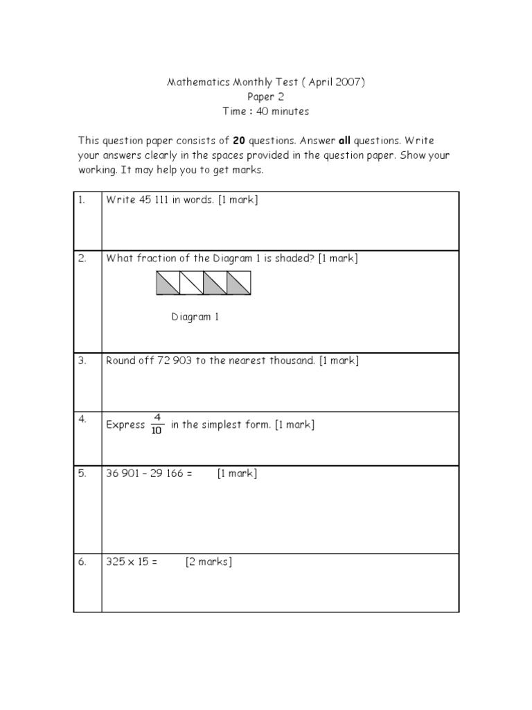 Maths Year 4, Paper 2 (Monthly Test) | PDF | Teaching Mathematics