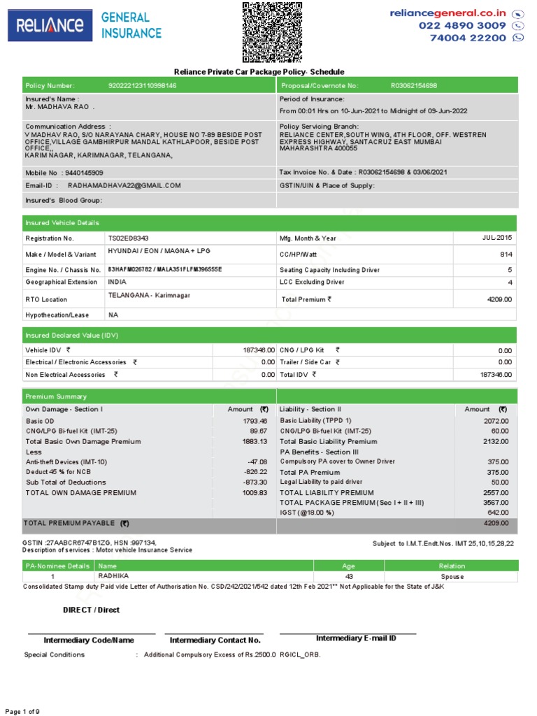 Reliance General Insurance Company Limited: Reliance Private Car ...