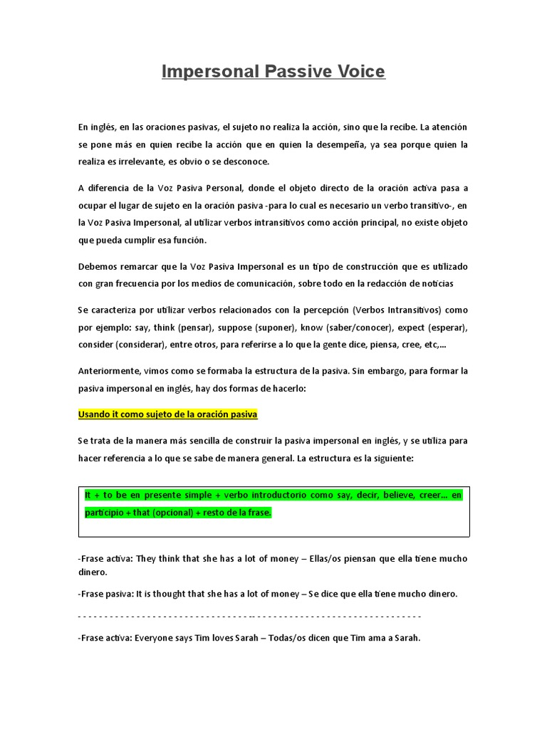 Impersonal Passive Voice | PDF | Asunto (gramática) | Verbo