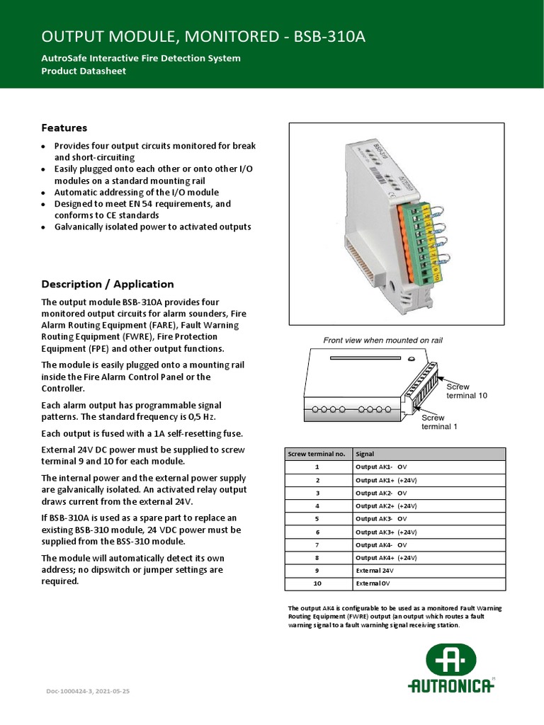 Output Module, Monitored - Bsb-310A: Features | PDF | Fuse (Electrical) | Power Supply