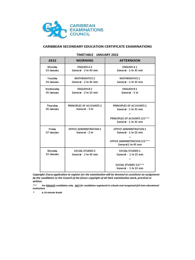 CSEC Exam Timetable January 2022 | PDF | Test (Assessment ...