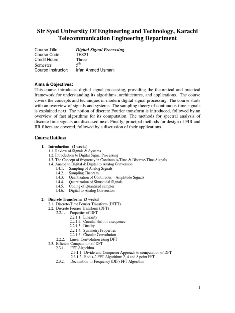 Course Outline TE321 | PDF | Discrete Fourier Transform | Digital Signal Processing