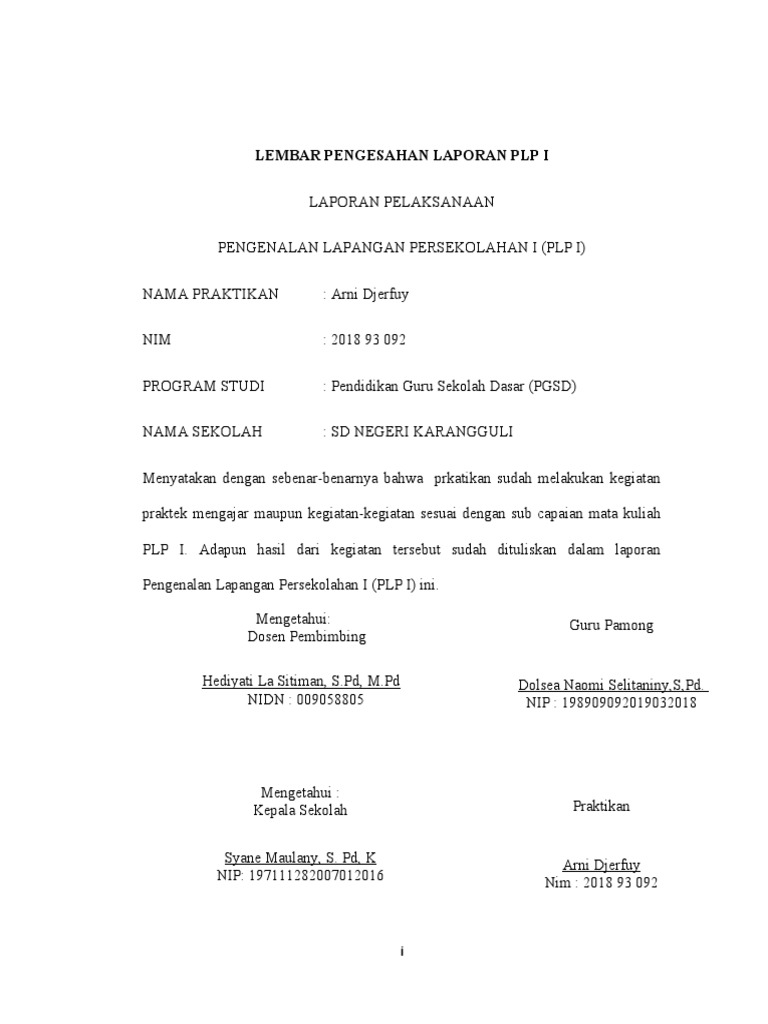 Lembar Pengesahan Laporan PLP I | PDF