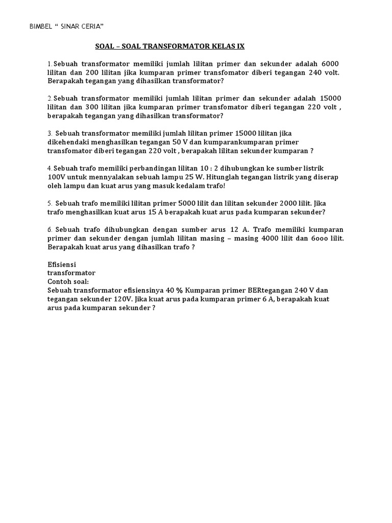 Soal Transformator | PDF | Sains & Matematika