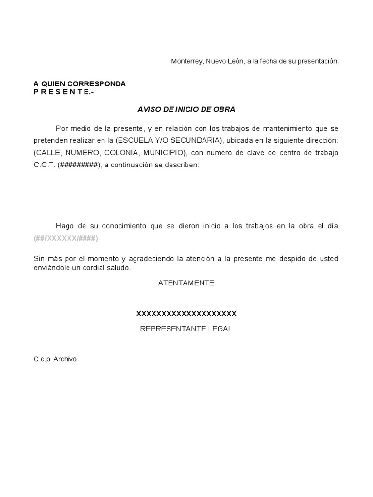 Aviso de Inicio de Obra Sep | PDF