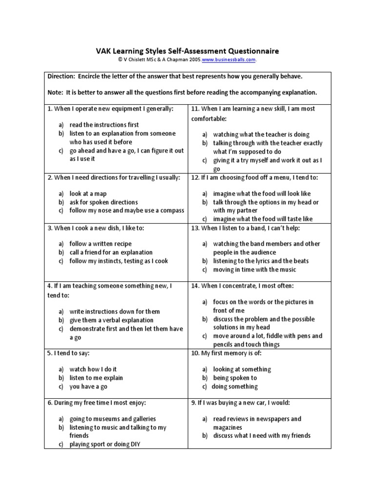 Participants' Handout1 - VAK Learning Styles Self | PDF | Cognition Participants' Handout1 - VAK Learning Styles Self | PDF | Cognition