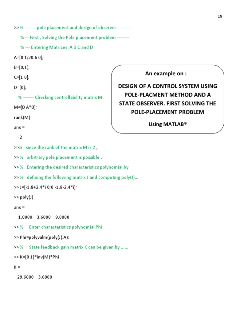 Example Pole Placement and Design of Observer. | PDF | Matrix ...