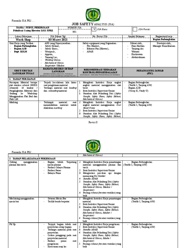 Form JSA Latihan Fabrikasi Elevator | PDF