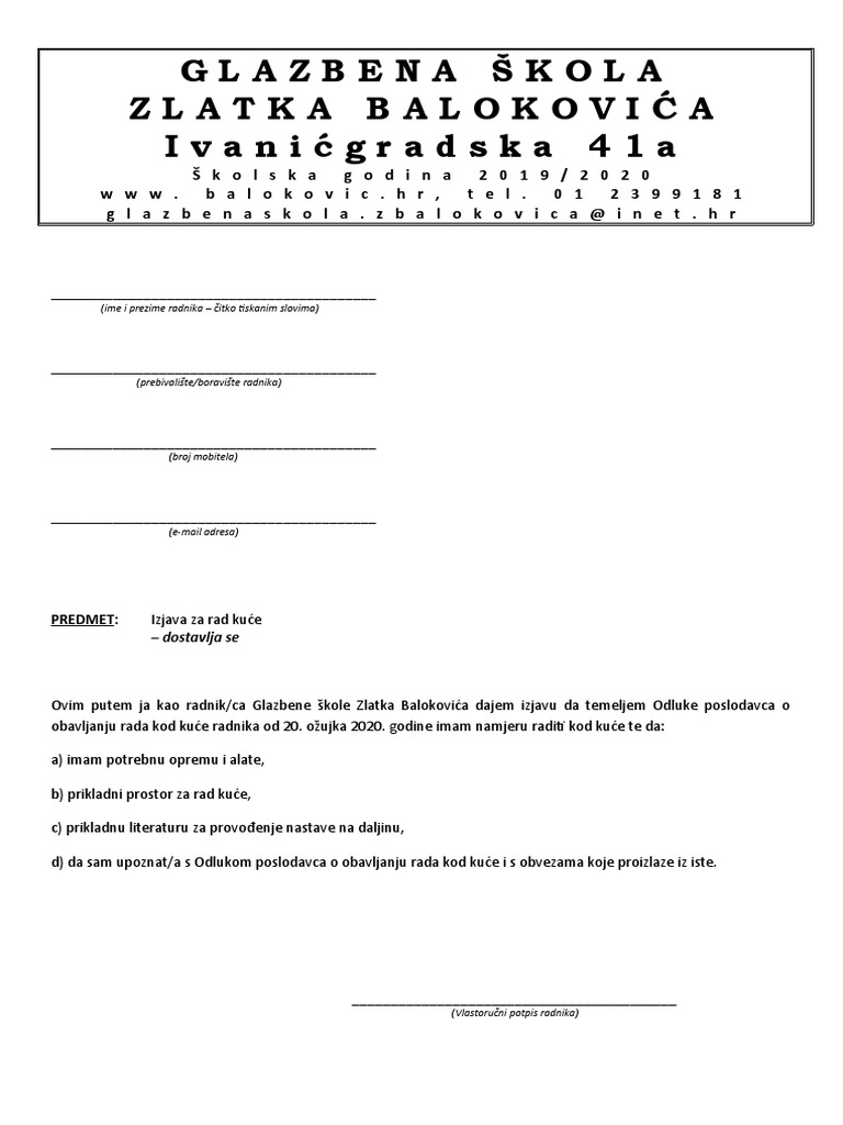 Izjava Za Rad Kod Kuće, Obrazac | PDF