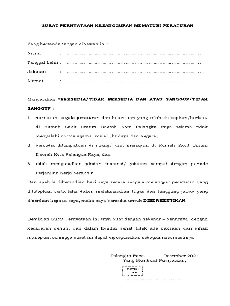 Surat Pernyataan Kesanggupan Mematuhi Peraturan | PDF | Seni