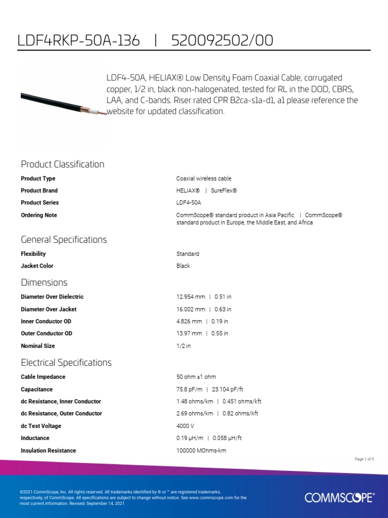 LDF4RKP-50A-136 Product Specifications | PDF | Coaxial Cable | Electricity