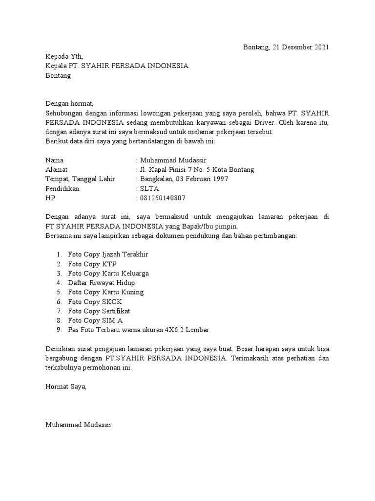 3 - Contoh Surat Lamaran Kerja Sopir Driver Ambulance | PDF