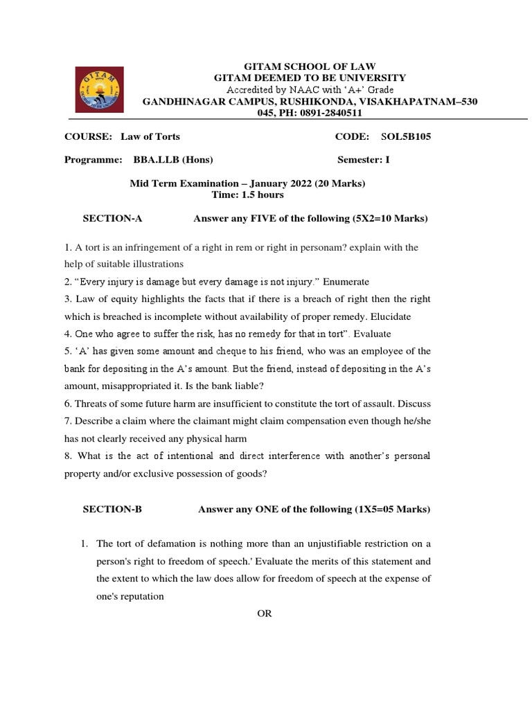 Law of Torts SOL5B105 Mids QP 2021-22AY | PDF | Tort | Damages