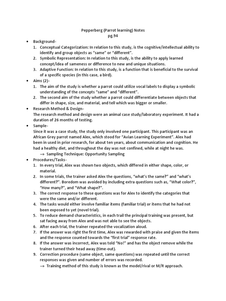 Pepperberg Notes On The Learning Approach | PDF | Experiment | Cognition