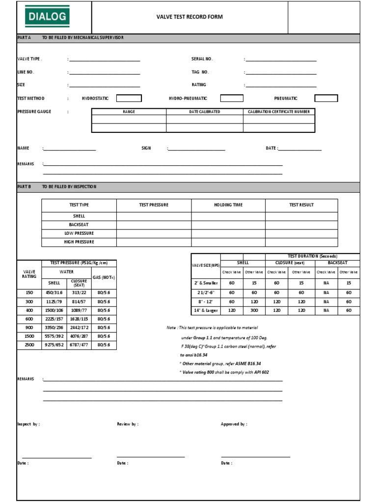 Valve Test Record Form: Range Date Calibrated Calibration Certificate ...