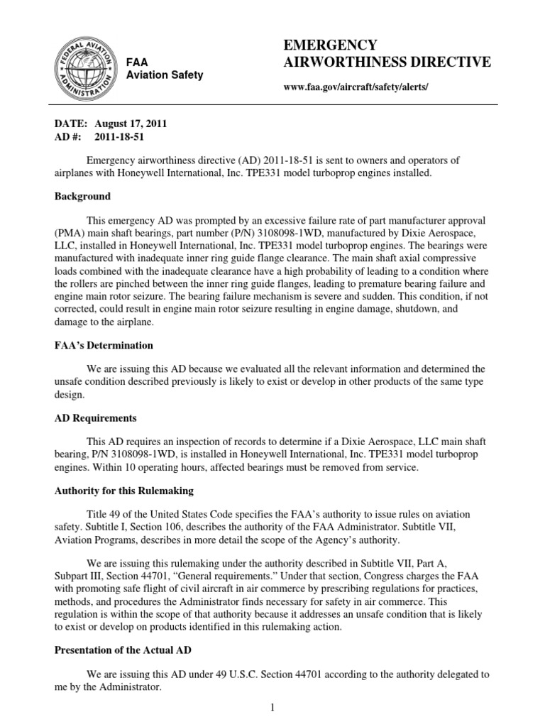 Emergency Airworthiness Directive: FAA Aviation Safety | PDF | Federal ...