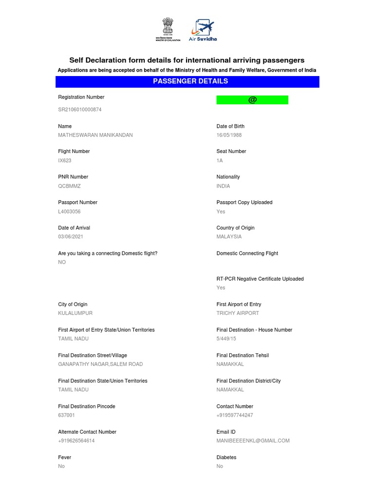 Self Declaration Form Details For International Arriving Passengers ...