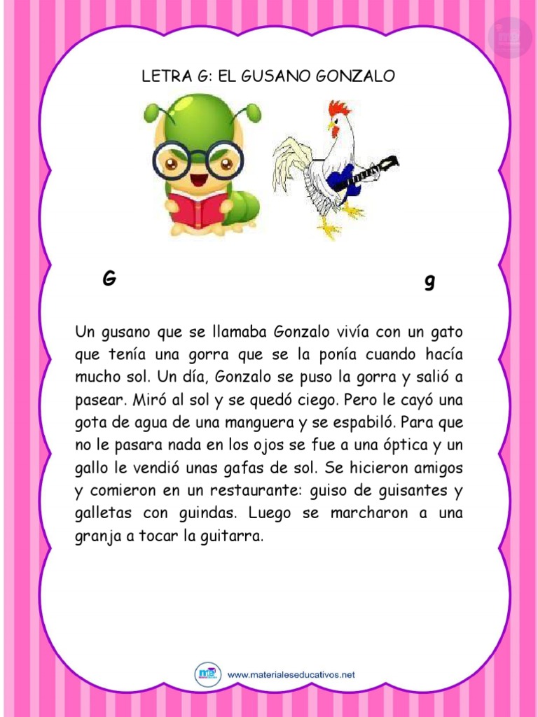 Letra G: El gusano Gonzalo y su amigo el gallo | PDF