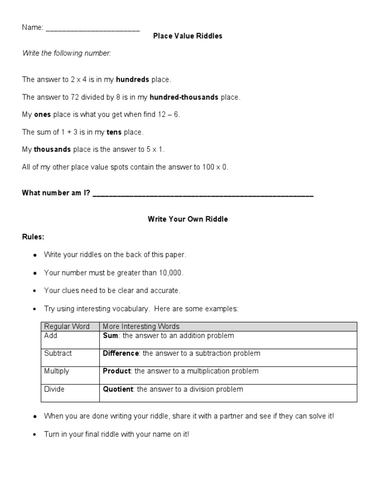 Place Value Riddles 3rd Grade | PDF | Language Arts & Discipline