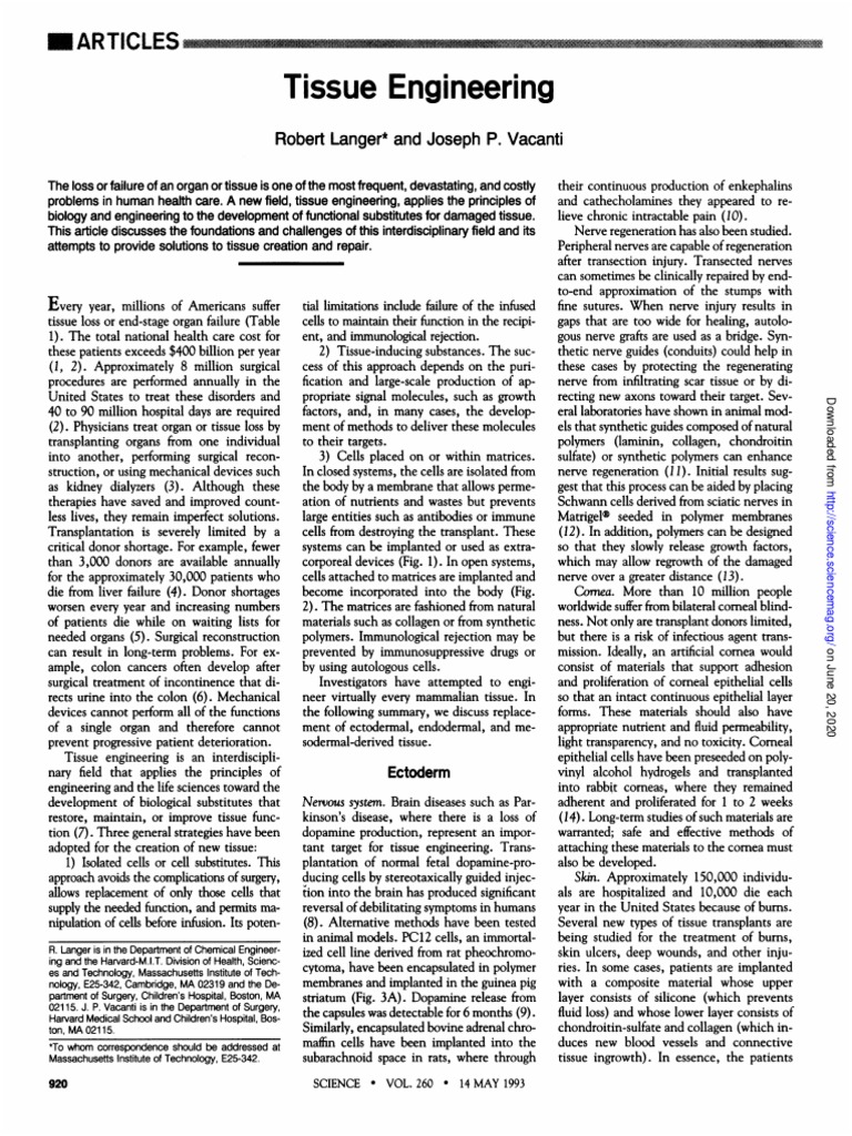 Langer Vacanti 1993 Tissue Engineering | PDF | Tissue Engineering | Blood