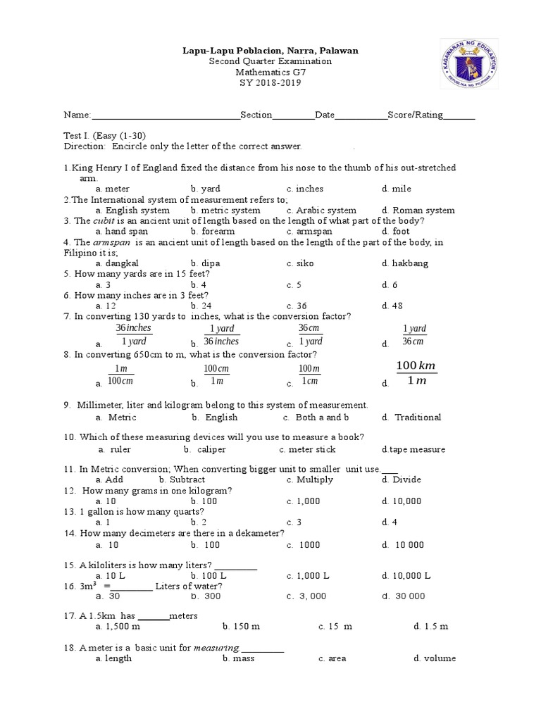 Math-G7 2nd QTR Exam-2019 | PDF | Fahrenheit | Litre