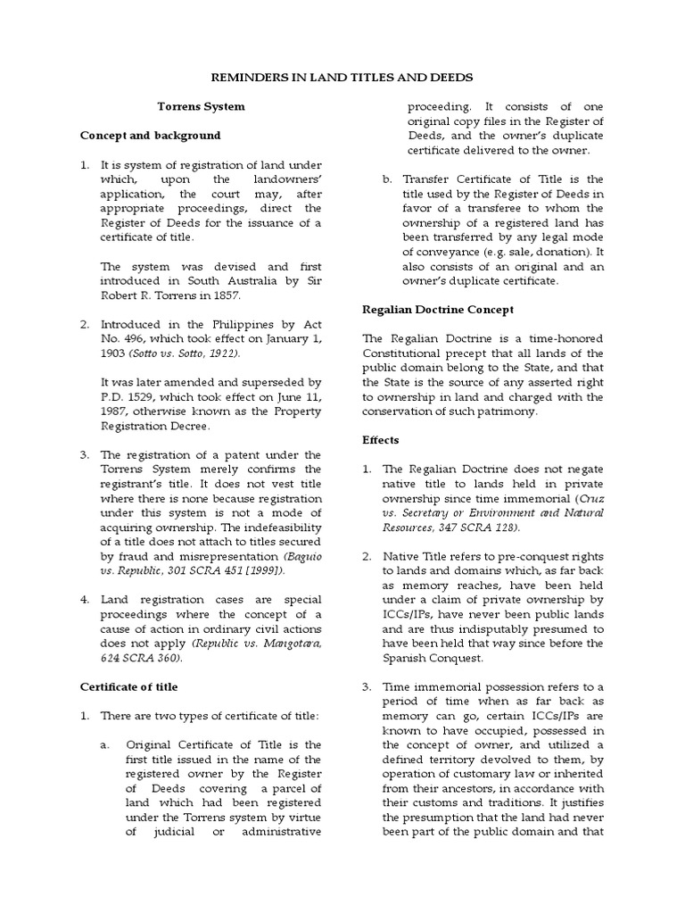 Reminders in Land Titles and Deeds Torrens System Concept and ...