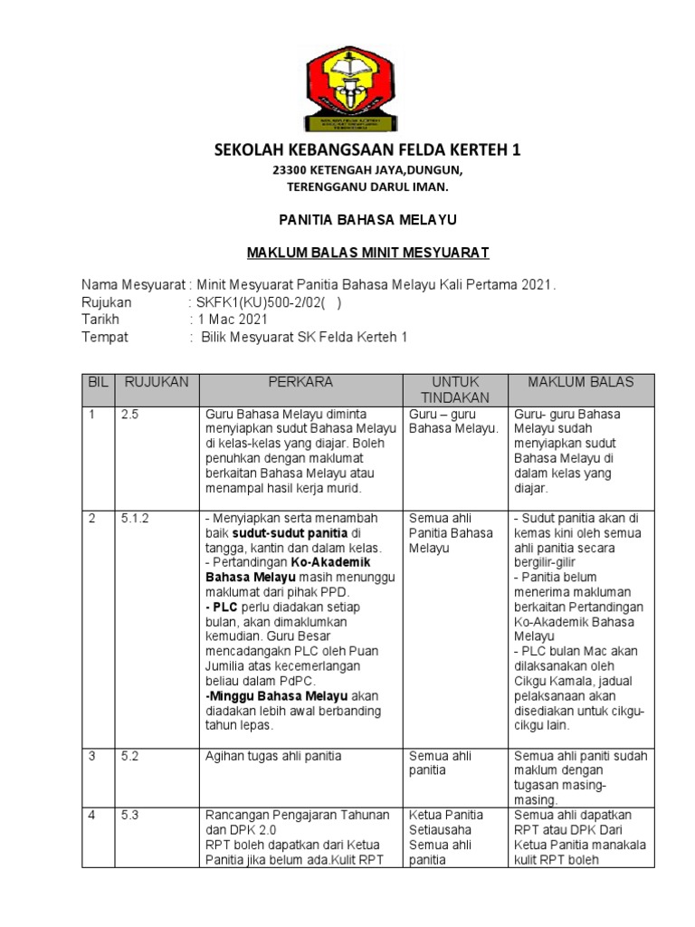 Borang Maklum Balas Minit Mesyuarat | PDF