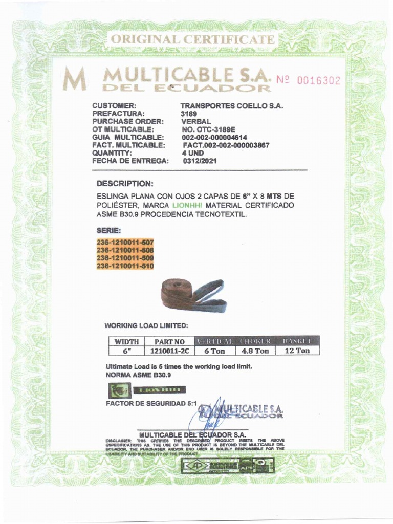 Certificado Eslinga | PDF