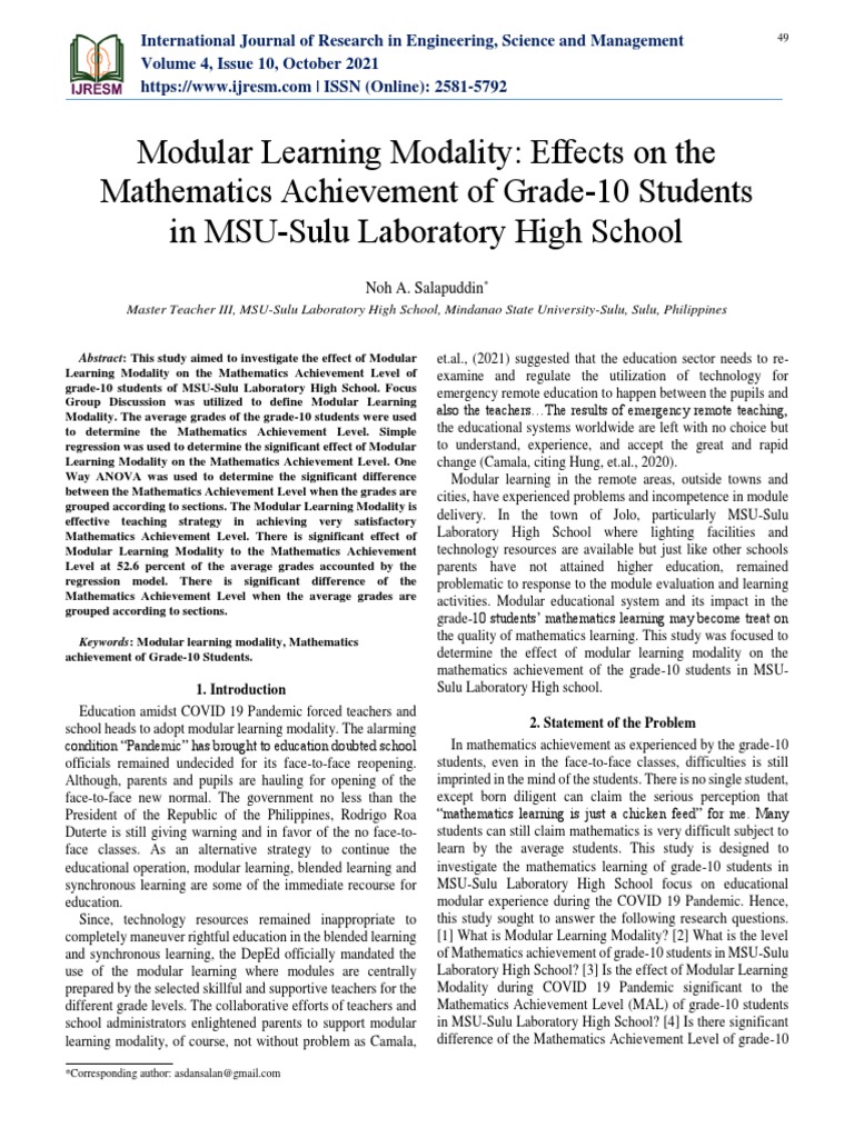 Modular Learning Modality: Effects On The Mathematics Achievement of ...