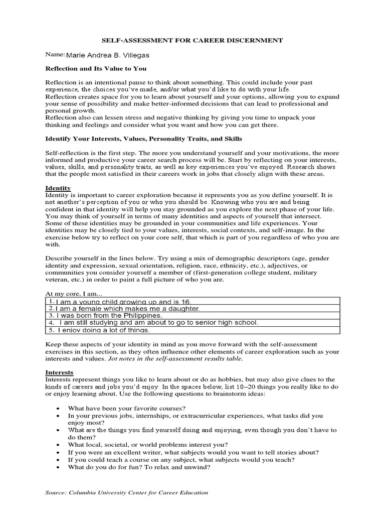 Self-Assessment for Career Discernment | PDF | Identity (Social Science ...