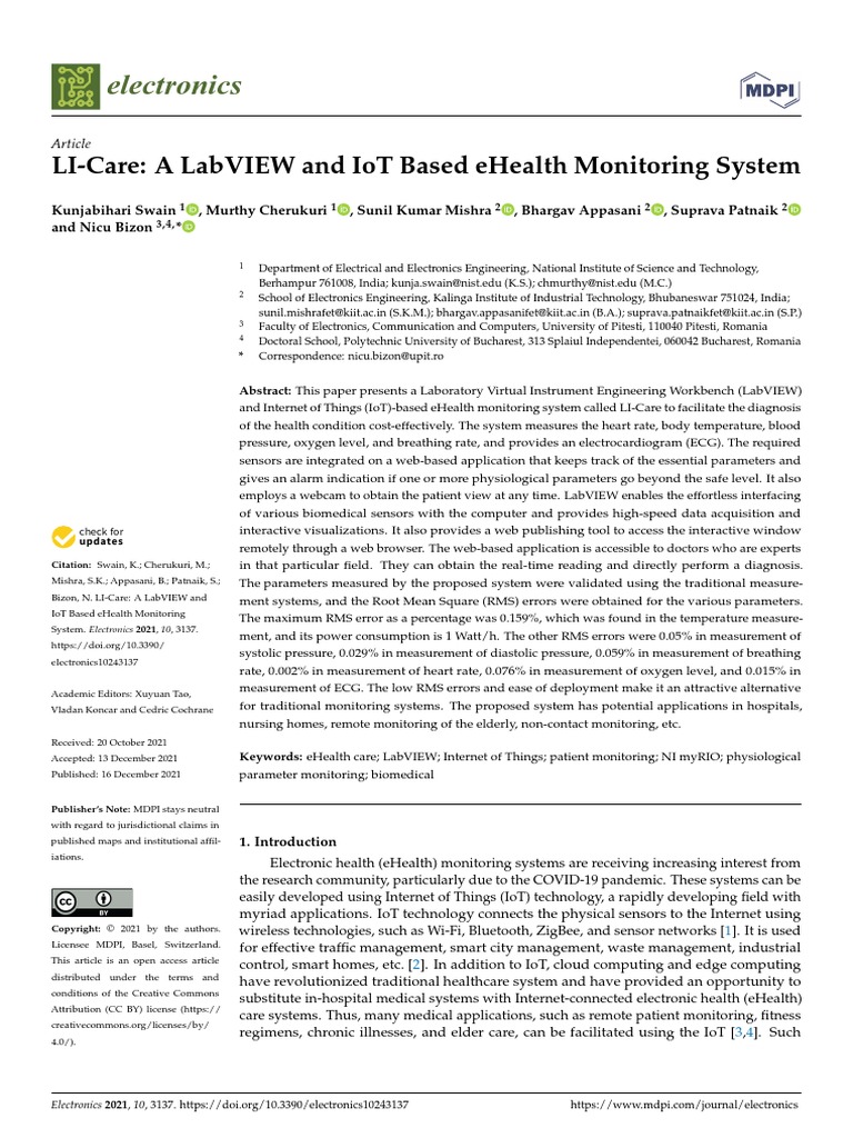 Electronics: Li-Care: A Labview and Iot Based Ehealth Monitoring System ...
