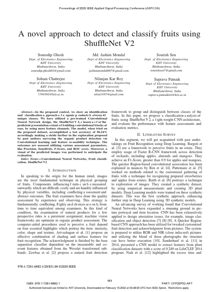 A Novel Approach To Detect and Classify Fruits Using Shuf Enet V2 | PDF | Computer Vision | Deep ...