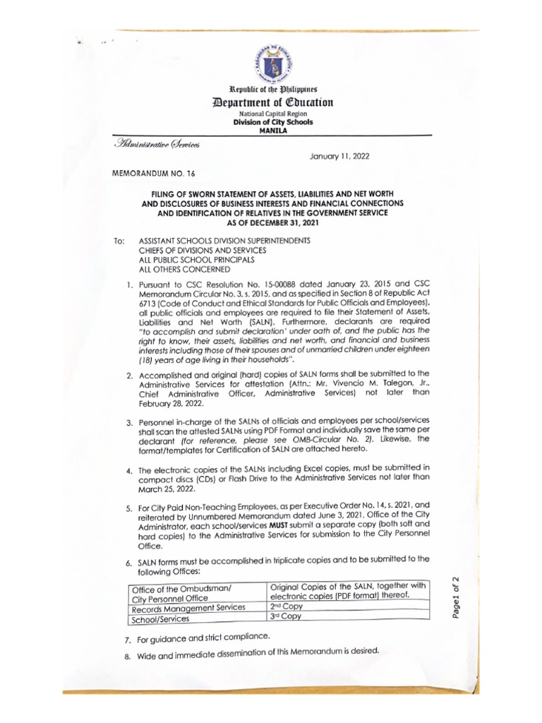 SALN MEMO Guidelines | PDF