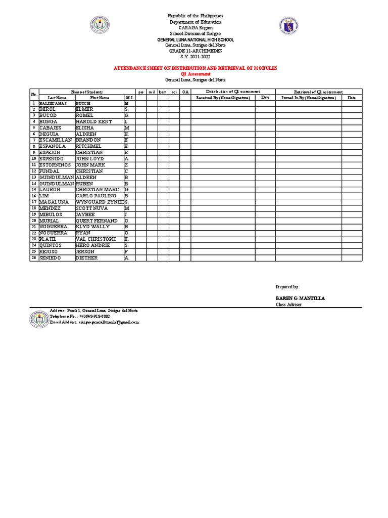 Attendance Sheet On Distribution and Retrieval of Modules Q1 Assessment ...
