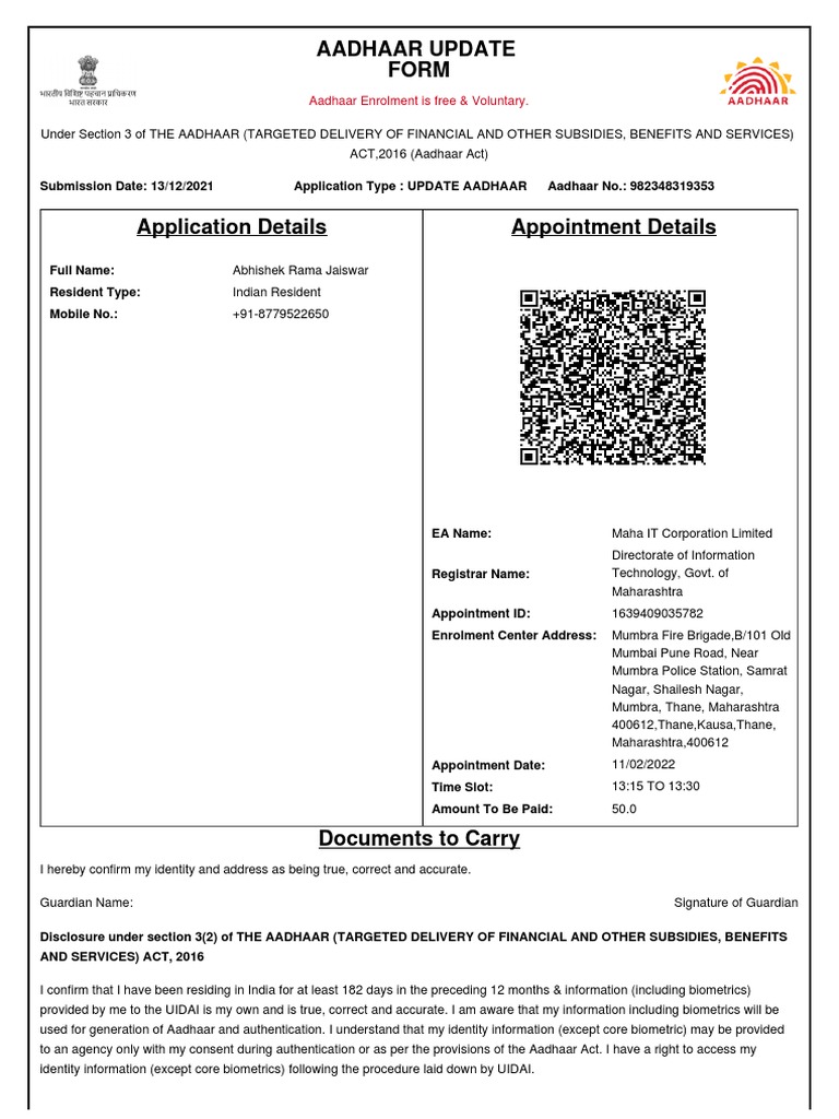 Aadhaar Update Form: Aadhaar Enrolment Is Free & Voluntary | PDF ...