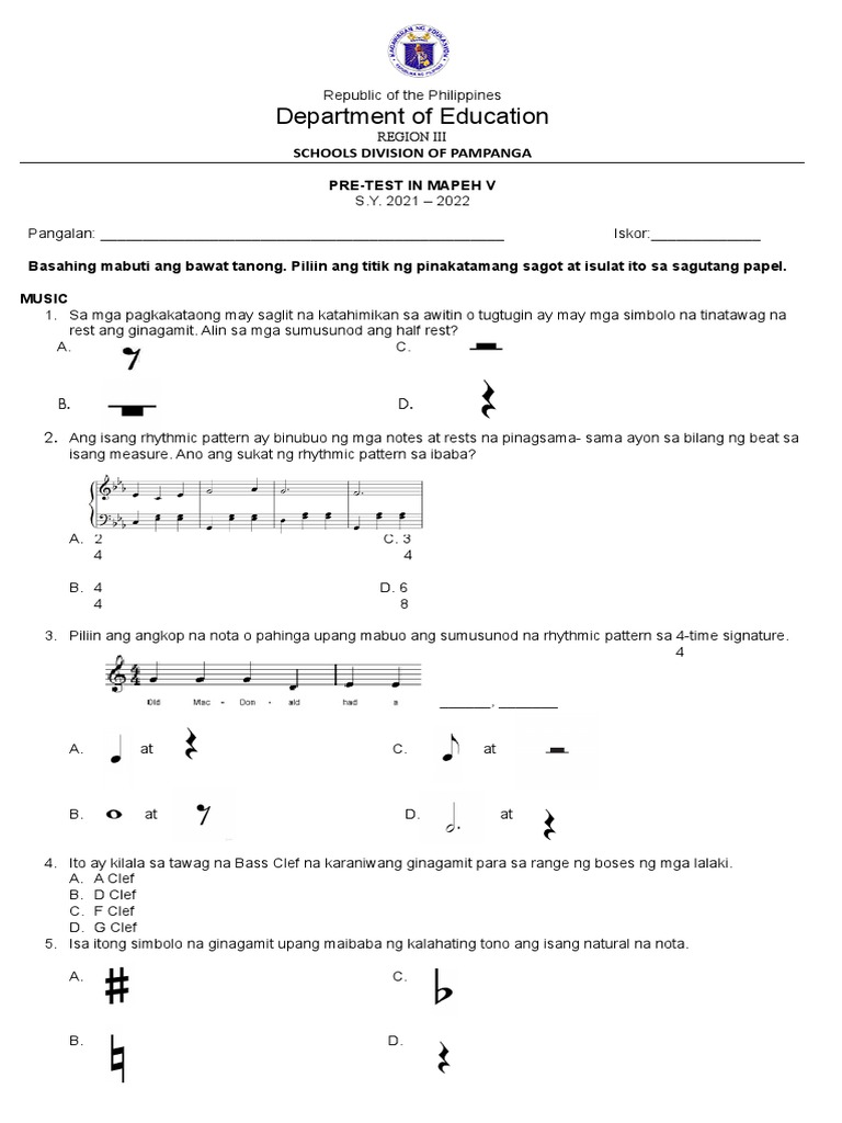 PRE TEST MAPEH 5 Grade 5 2021 2022 | PDF