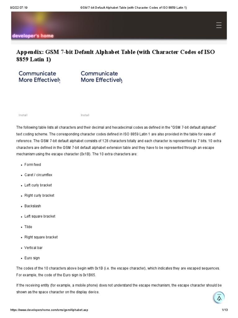 Appendix: GSM 7-Bit Default Alphabet Table (With Character Codes of ISO ...