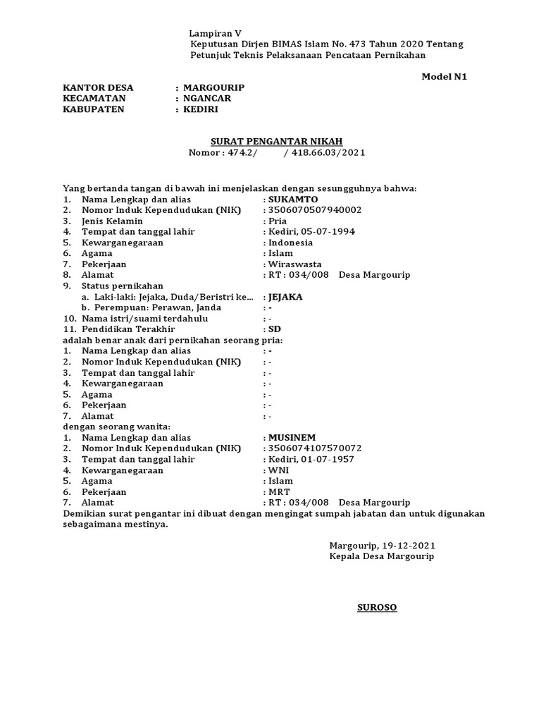 Model N1 (PENGANTAR NIKAH) | PDF | Hukum