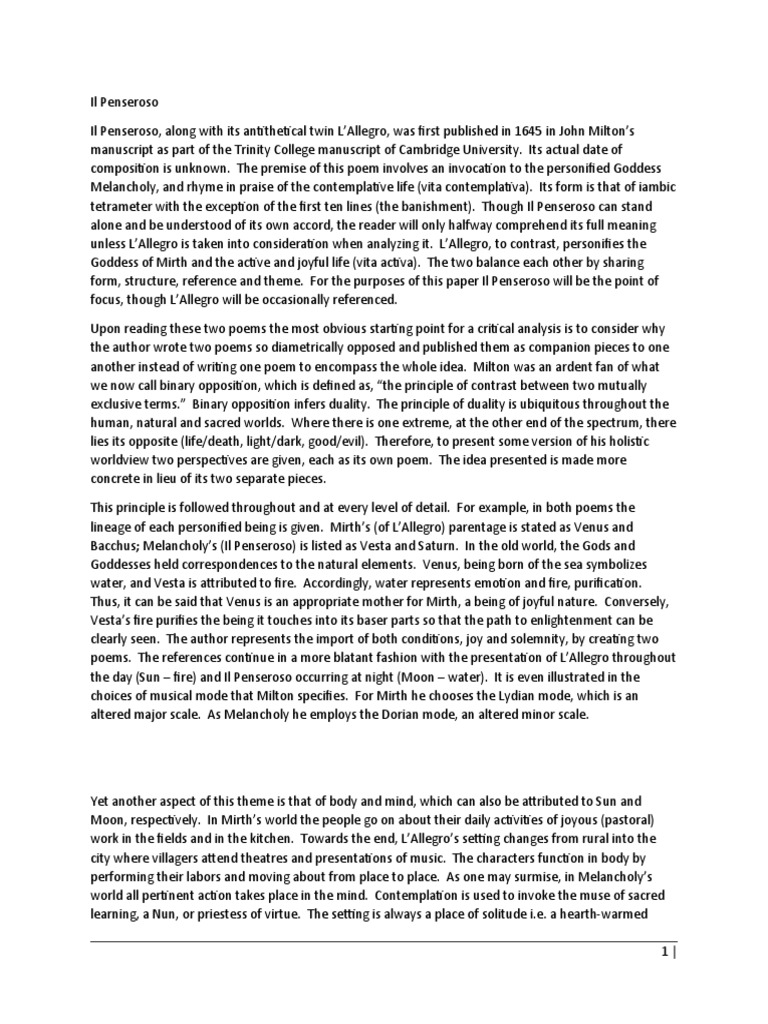 Analysis of Milton's Il Penseroso Poem | PDF
