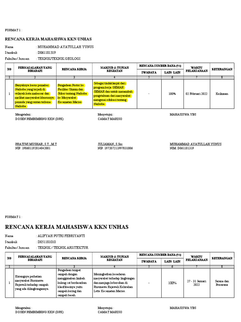 Format 1 Rencana Program Kerja Mahasiswa KKN Unhas | PDF