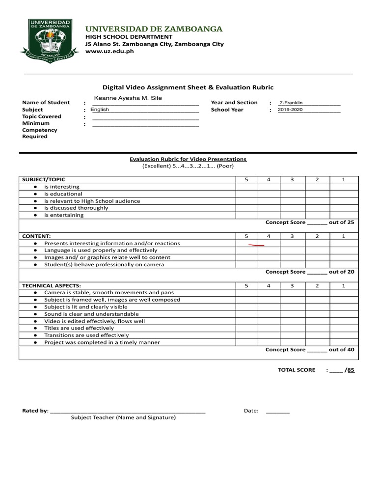 Rubric For Video Presentation | PDF