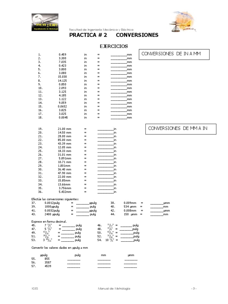 Practica # 2 Conversiones: Ejercicios | PDF | Pulgada